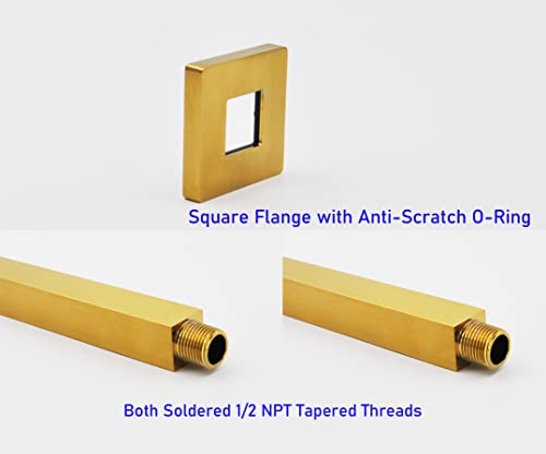 Aquaiaw Square Shower Arm and Anti-Scratch O-Ring Flange, 8 inch, Solid Brass, Both Soldered 1/2 NPT Tapered Threads, Straight Rainfall Shower Head Arm Extension, Ceiling Mount Arm (Brushed Gold)