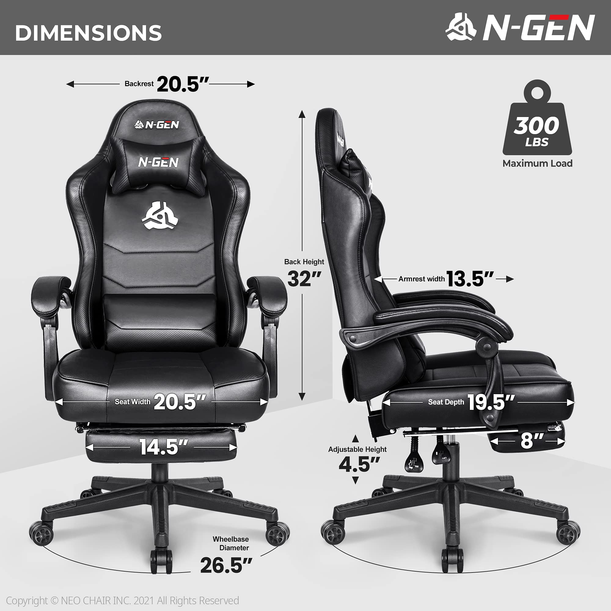 N-GEN Gaming Chair with Footrest Levelled Seat PU Leather Adjustable Ergonomic Lumbar Support High Back Office Swivel Computer Desk Headrest E-Sports PC Gamer Height Reclining (3. Black)