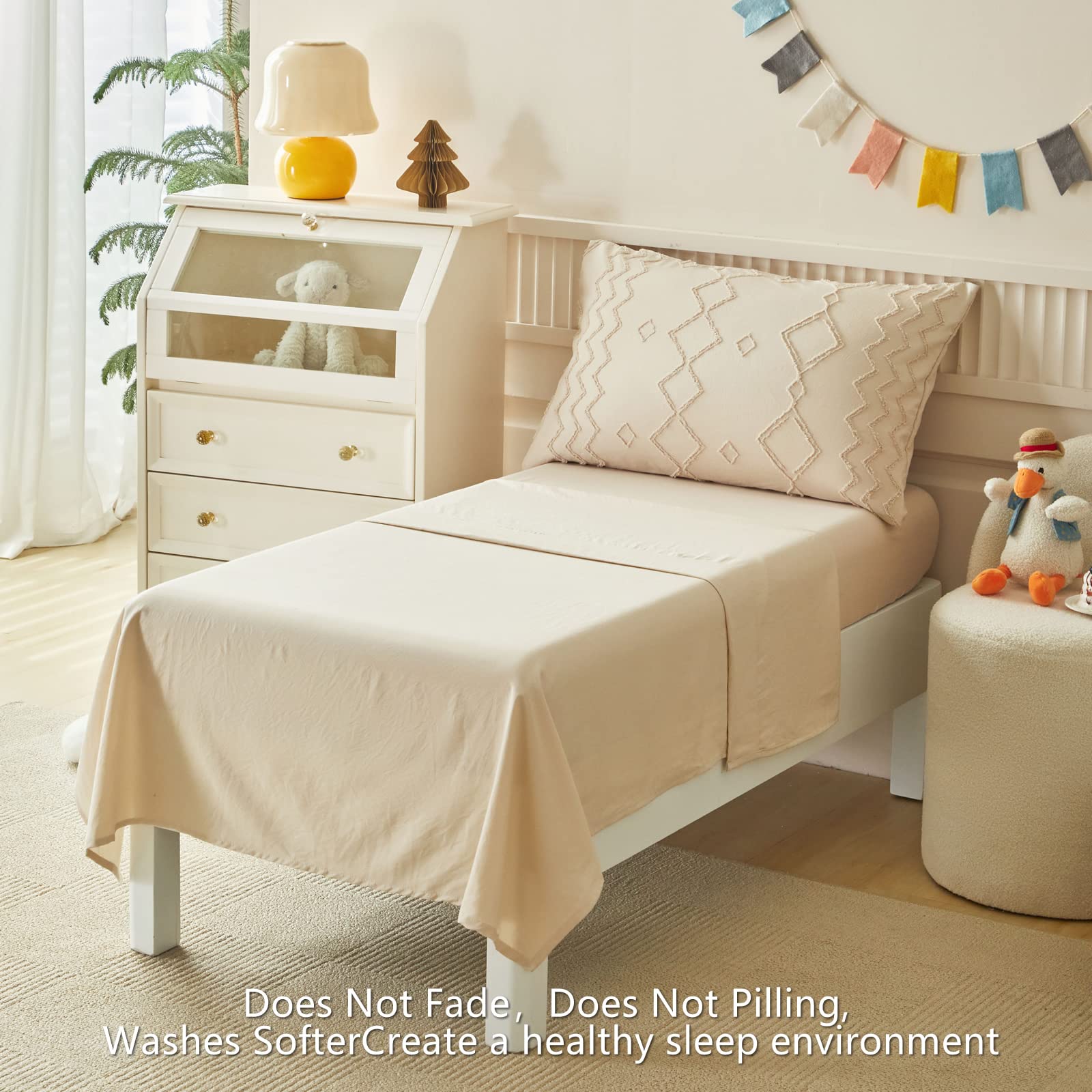 AIKASY Toddler Bedding Set 4 Pieces Super Soft Comforter Set, Shabby Boho Bohemian Design for Boys and Girls(Ruffle Fringe Comforter, Flat Sheet, Fitted Sheet and Pillowcase)- Khaki