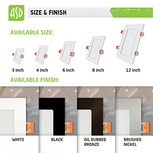 ASD Ultra Thin Square LED Recessed Lighting 6 Inch, 3000K-4000K-5000K Color Temperature Options, 12W 840Lm Dimmable LED Downlight, Canless LED Recessed Light, IC & Damp Rated,ETL,Energy Star (6-Pack)