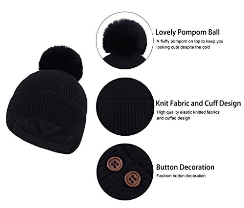 Arctic Paw Kids Beanie Todddler Pom Pom Hat Boys Girls Warm Lined Knit Winter Hat_Black