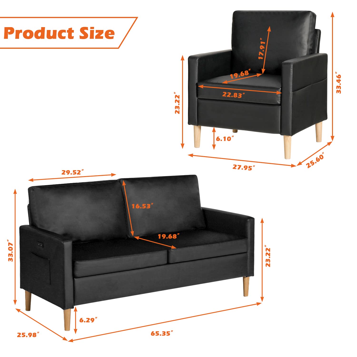 AILEEKISS Mid-Century Sectional Sofa Set for Living Room Faux Leather Office 2 Pcs Couch Set with Armrest Modern Upholstered Loveseat Couches (1-Seater+2-Seater, Black)