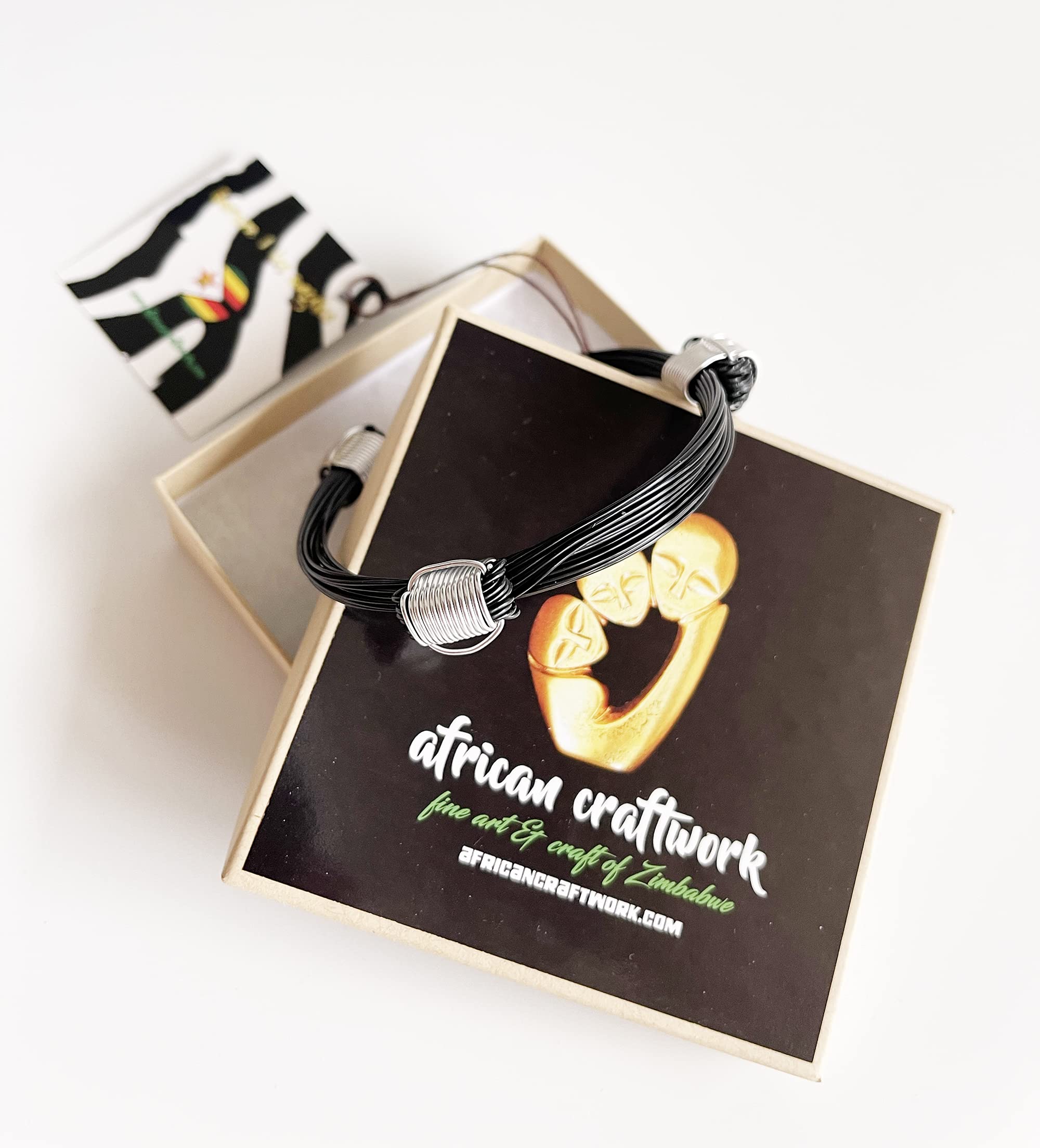 africancraftwork African Elephant Knot Bracelet - 3 Knot SILVER & BLACK Color Metal V1 made in Zimbabwe, 3knotsilvnblkv1