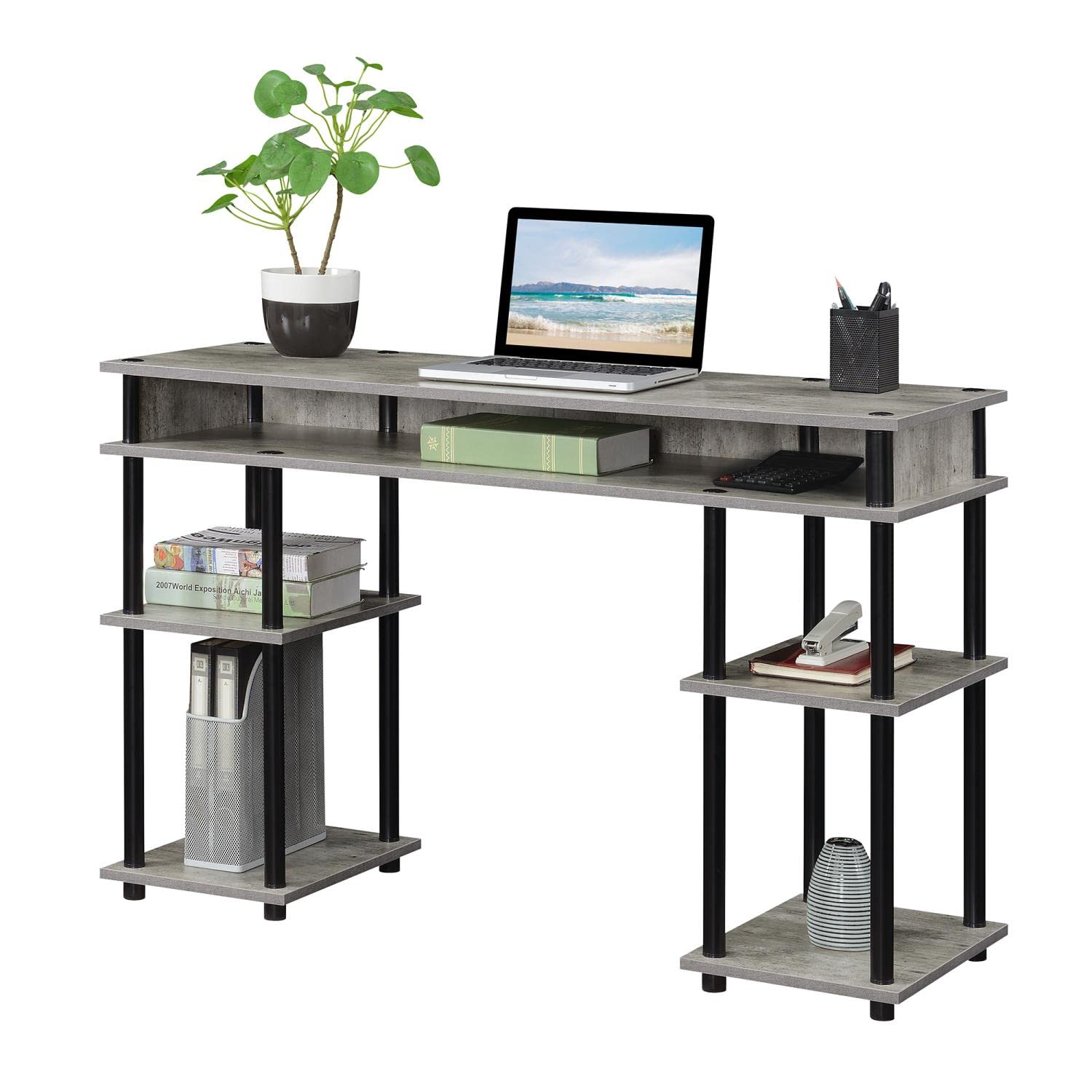 Convenience Concepts Designs2Go No Tools Desk Home Office Desk with Shelves, Corner Shelf Vanity Desk Computer Desk Nail Table for Nail Tech - 47.25" L x 15.75" W x 30" H, Faux Birch/Black