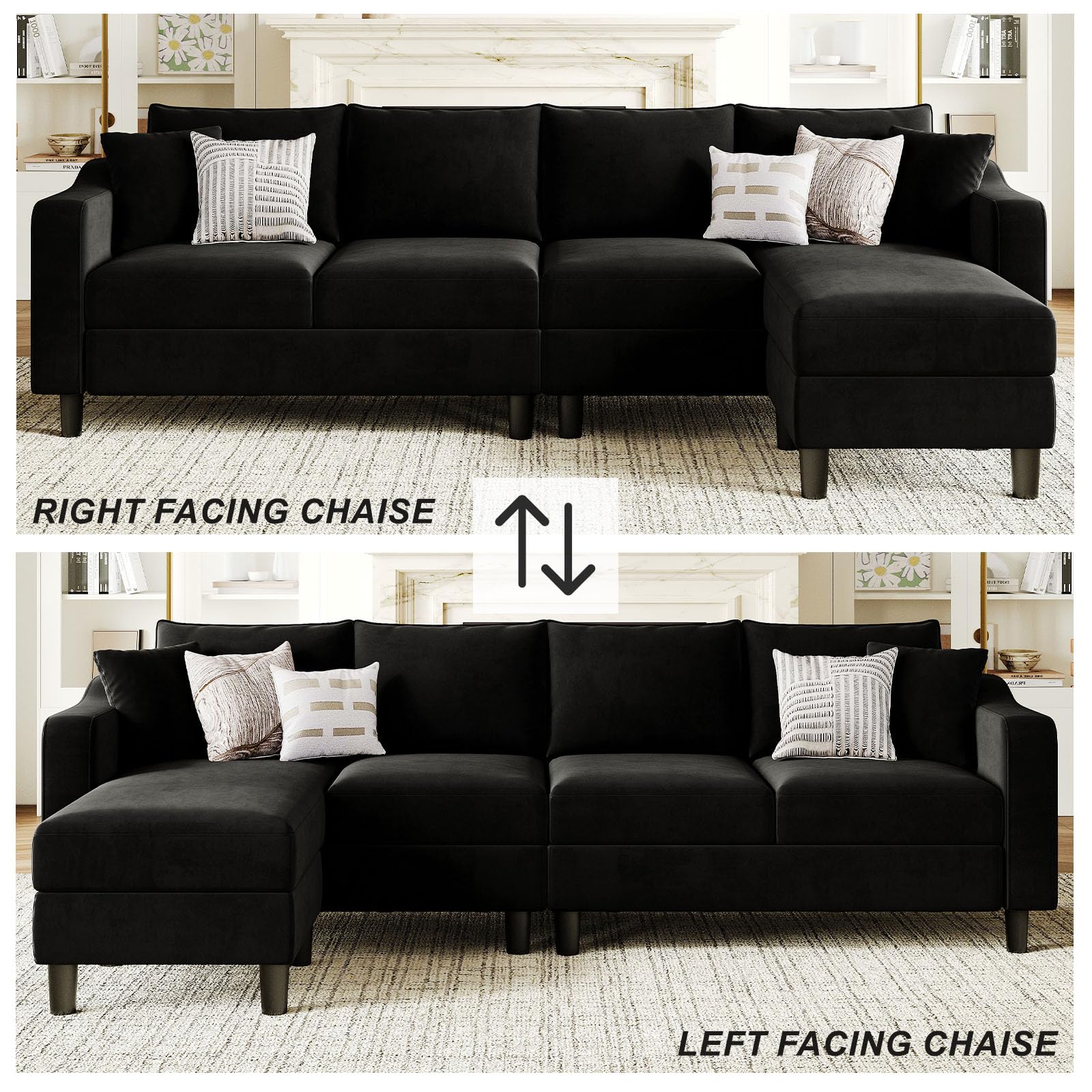 Belffin Velvet Convertible Sectional Sofa L Shaped Couch Reversible Sectional Sofa with Chaise Velvet 4 Seat Sectional Sofa (Black)…