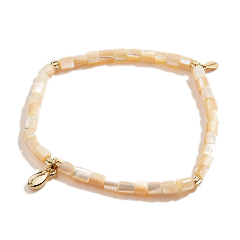 Alex and Ani Puka Shell Stretch Anklet for Women, Cowrie Shell Charm, Shiny Gold Finish, 4 to 5 in