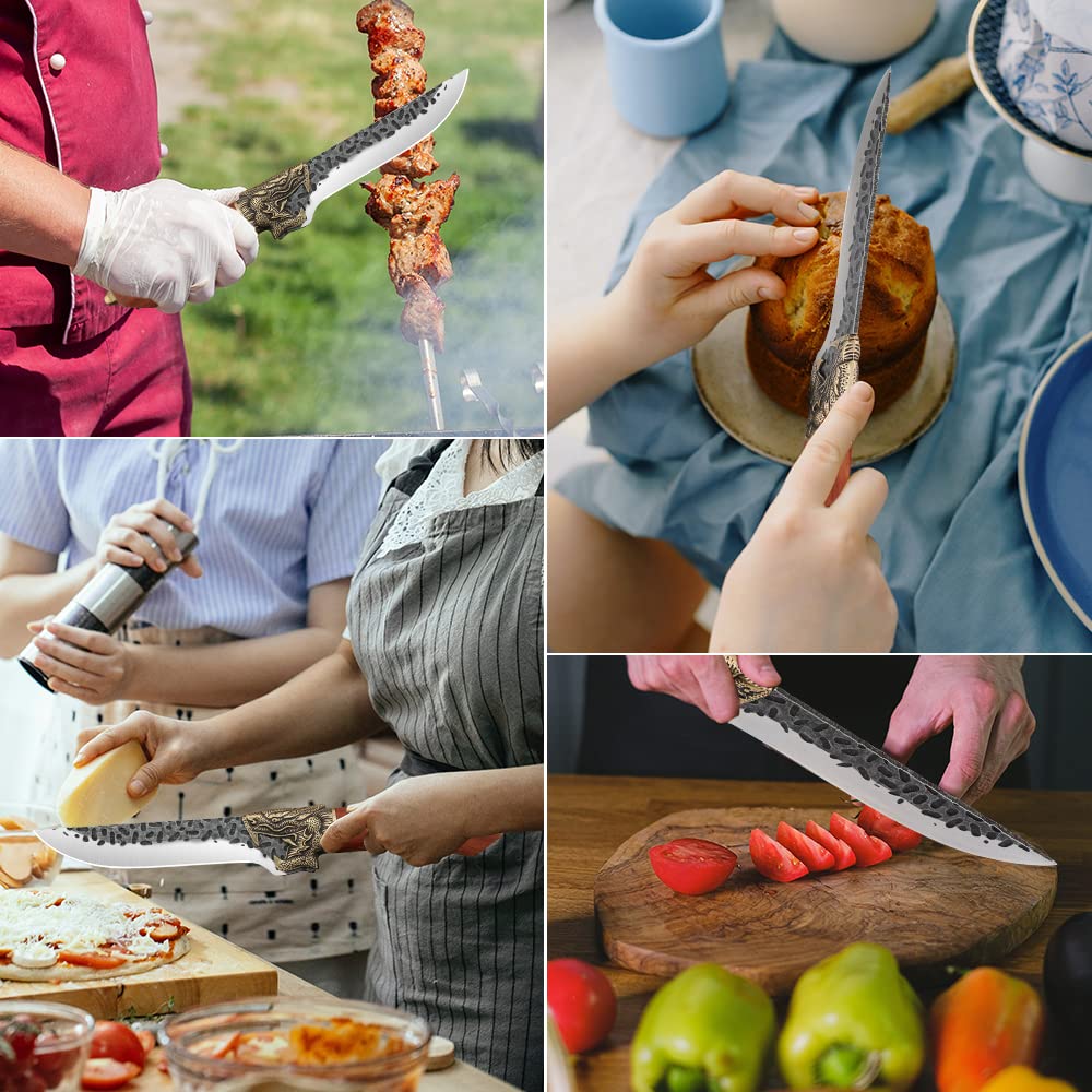 Veisky Chef Knife with Ergonomic Handle High Carbon Stainless Steel Professional Kitchen Cooking Knife with Sheath Meat Cleaver Chopping Knife for Home Outdoor and Camping (7.01 inch)