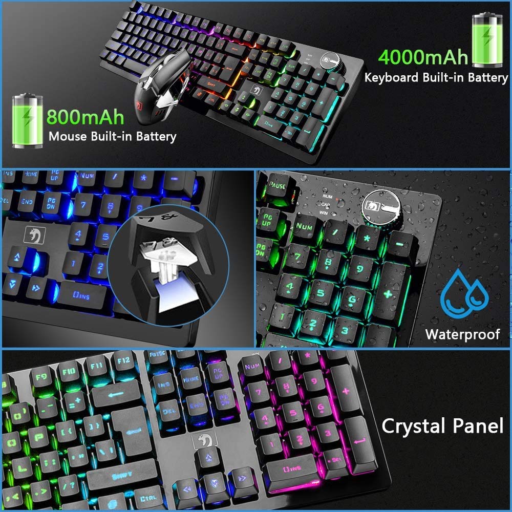 FELICON Wireless Gaming Keyboard and Mouse Set, RGB Backlit Rechargeable 4800mAh Battery, Mechanical Feel Anti-ghosting Keyboard, Control Knob for Multi-Media, Mute Gaming Mouse for Windows PC Gamer