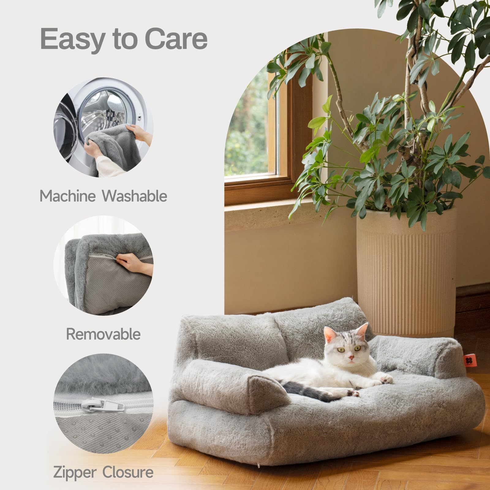MEWOOFUN Cat Couch Bed for Indoor Cats, Washable Small Dog Beds for Medium Small Dogs & Cats up to 25 lbs, Fluffy Pet Beds with Non-Slip Bottom, 26×19×13 Inch (Grey)