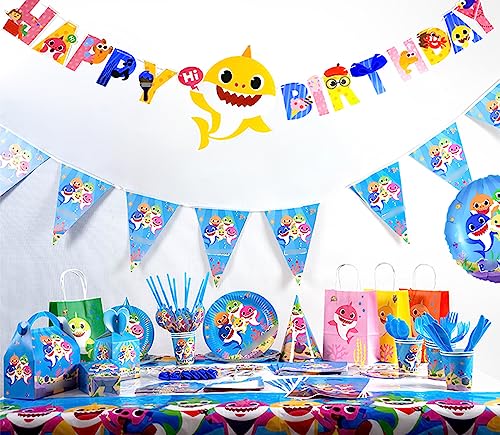 AOLDHYY 195 Pcs Shark Birthday Decorations, for 10 Guests, Shark Party Supplies, Including Birthday Banner, Blowing Dragon, Straw, Balloons, Tablecloth, Tableware, Gift Bag
