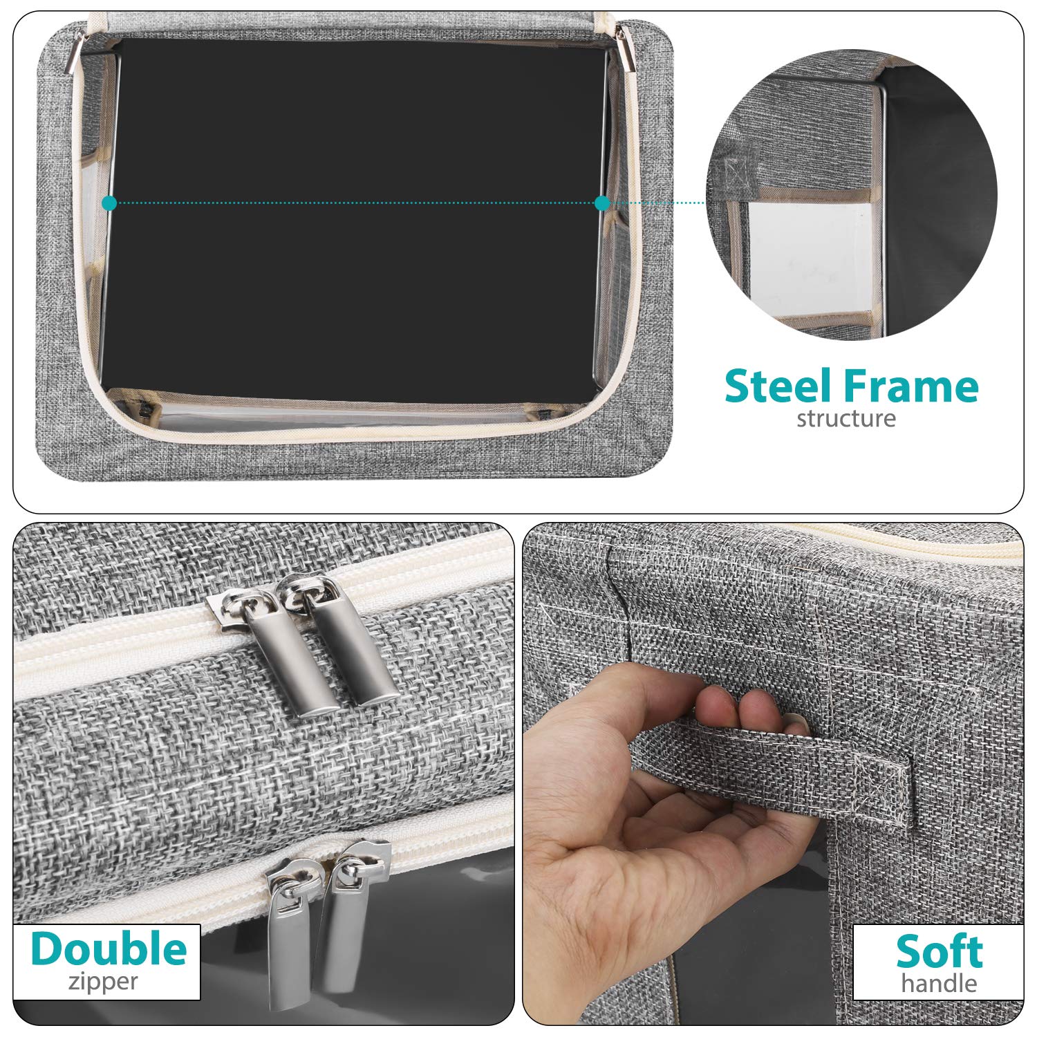 Awekris 2 Pack Storage Organization Bins with Clear Window & Carry Handles, Foldable Clothes Storage Basket, Great for Clothes, Blankets, Closets, Bedrooms, and More Medium (Grey)