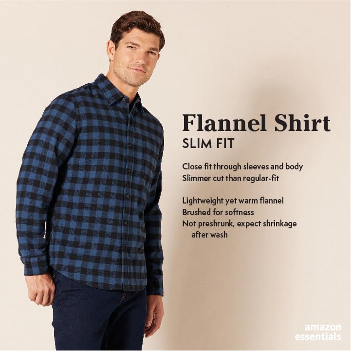 Amazon Essentials Men's Slim-Fit Long-Sleeve Plaid Flannel Shirt (Limited Edition Colors), Navy, X-Large