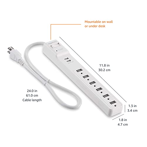 Amazon Basics 6-Outlet Surge Protector Power Strip, 2 USB Ports, 2 Ft Cord - 500 Joule, White, 2-Pack