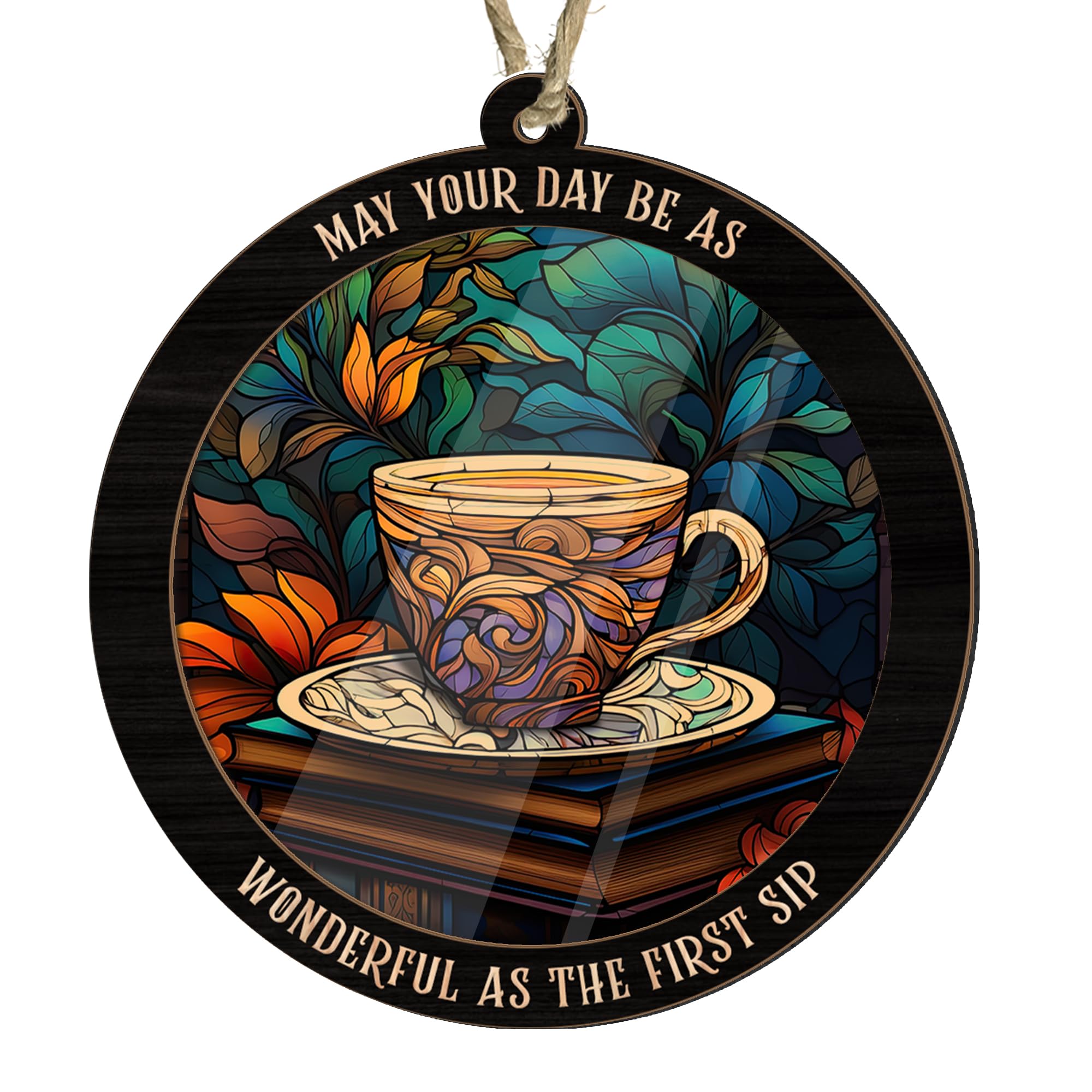 Artsy Woodsy Christmas Decor Coffee Cup Books Book Tea Suncatcher Wooden Ornaments for Christmas Tree Decorations, Rear Mirror Car Accessories, Unique Gifts for Him Men Her Women (01)
