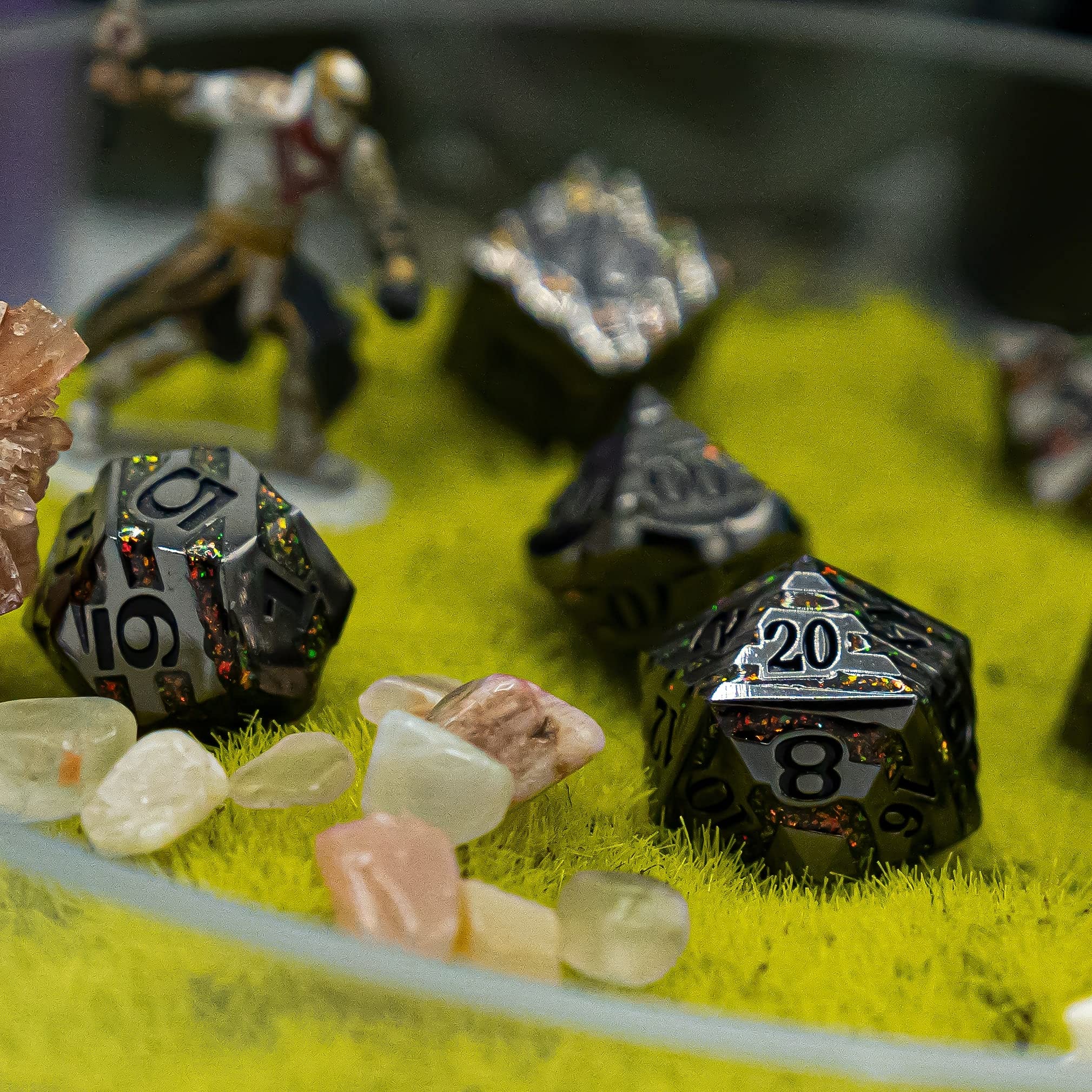 TINY GREMLIN Metal Dice of Dwarven Mining - Dungeons and Dragons Dice - Orange Glitter with Antique Nickel Metal Swirl with Black Font