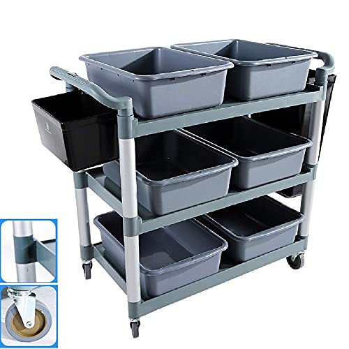 AUNEVN Movable Hand Trucks Trolleys, Household Serving Cart Plastic Storage Hand Trucks, with Wheels and 8 Tray, Commercial Hotel Restaurant Mobile Collection Tableware Trolley/Grey/79X49X97Cm