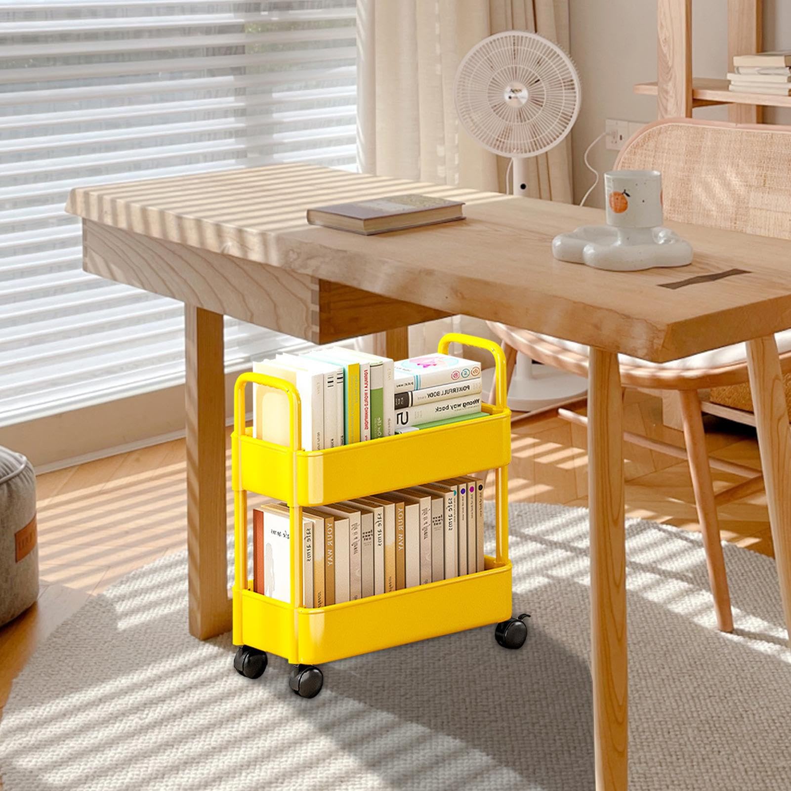 ANZAGA Bookshelf Cart, 2 Tier Rolling Cart Book Organizer, Movable Bookshelf, Rolling Shelf with Wheels & Hooks, Movable Storage Organizer for Home and Office