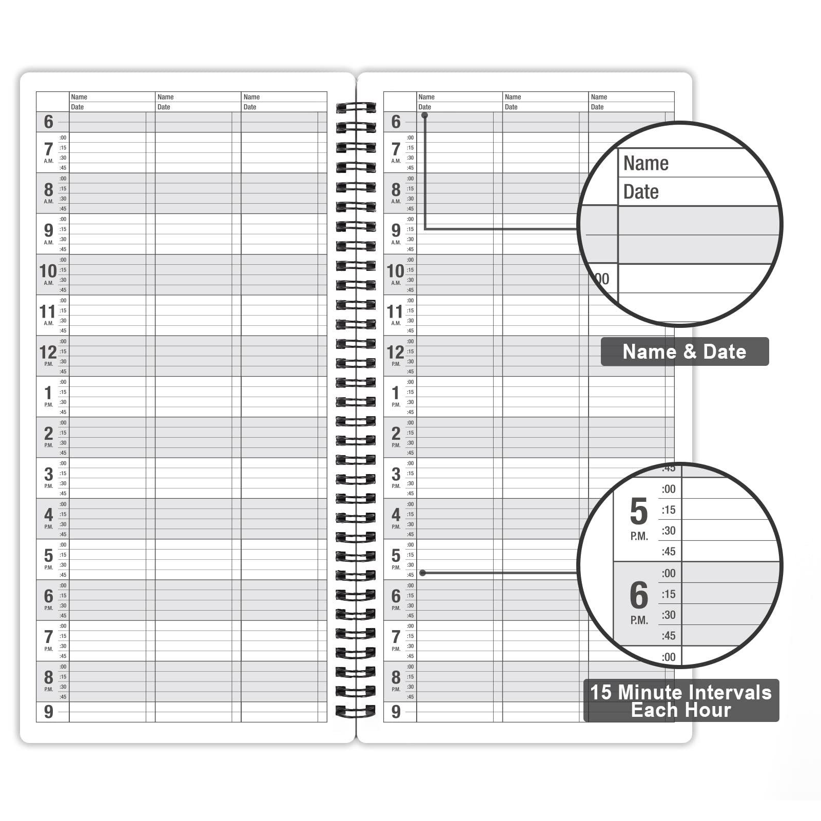 Appointment Book – Undated Salon Appointment Book, Daily&Hourly Schedule Book with 200 Pages, 6 AM - 9 PM, 15 Minute Intervals Day Planner, 6’’ x 11.5’’, 3 Column, Twin-Wire Binding, Hardcover