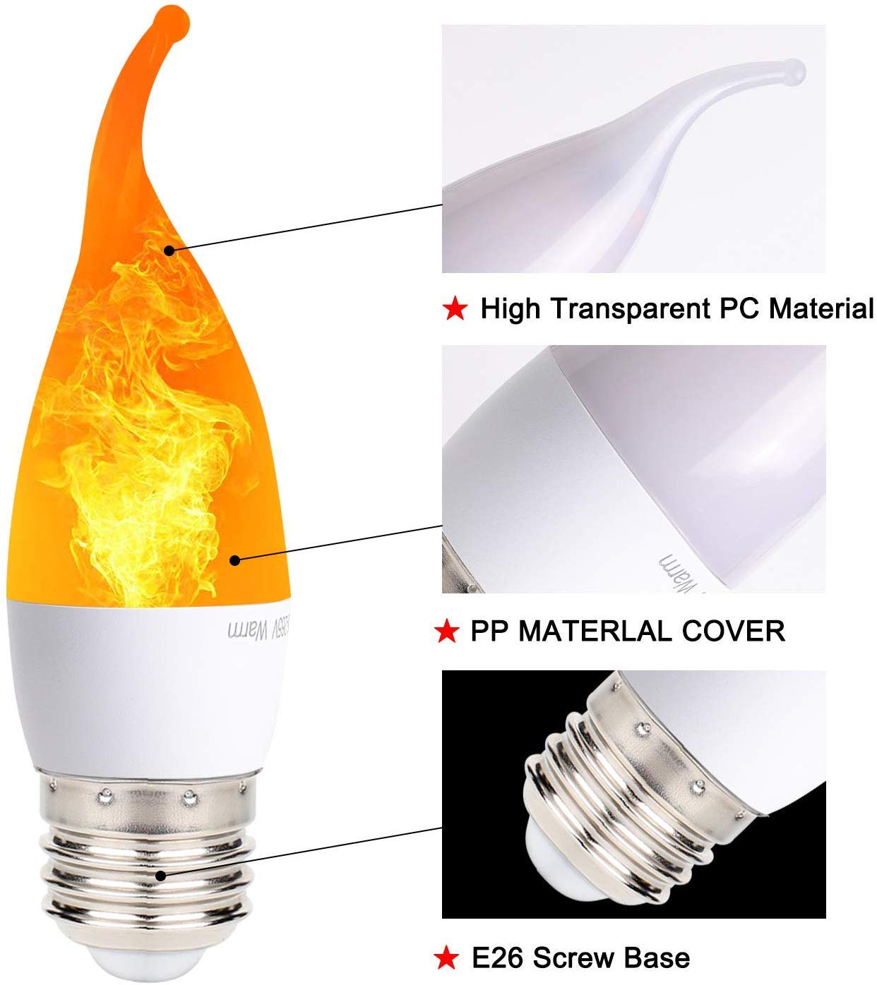 BAILAOYE 6 Pack LED Simulated Fire Flicker Flame Light Bulb, 3 Modes (Emulation General Breathing) 2W 1800K Warm White, E26 Base Fire Light Bulbs with Gravity Sensor for Home Bar Party Decorations
