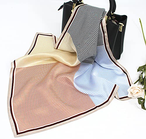 ANDANTINO 100% Pure Mulberry Silk Scarf -21” Lightweight Small Square Neckerchief – Breathable Digital Printed Scarves with Gift Packed (Contrast Color-Stripes)