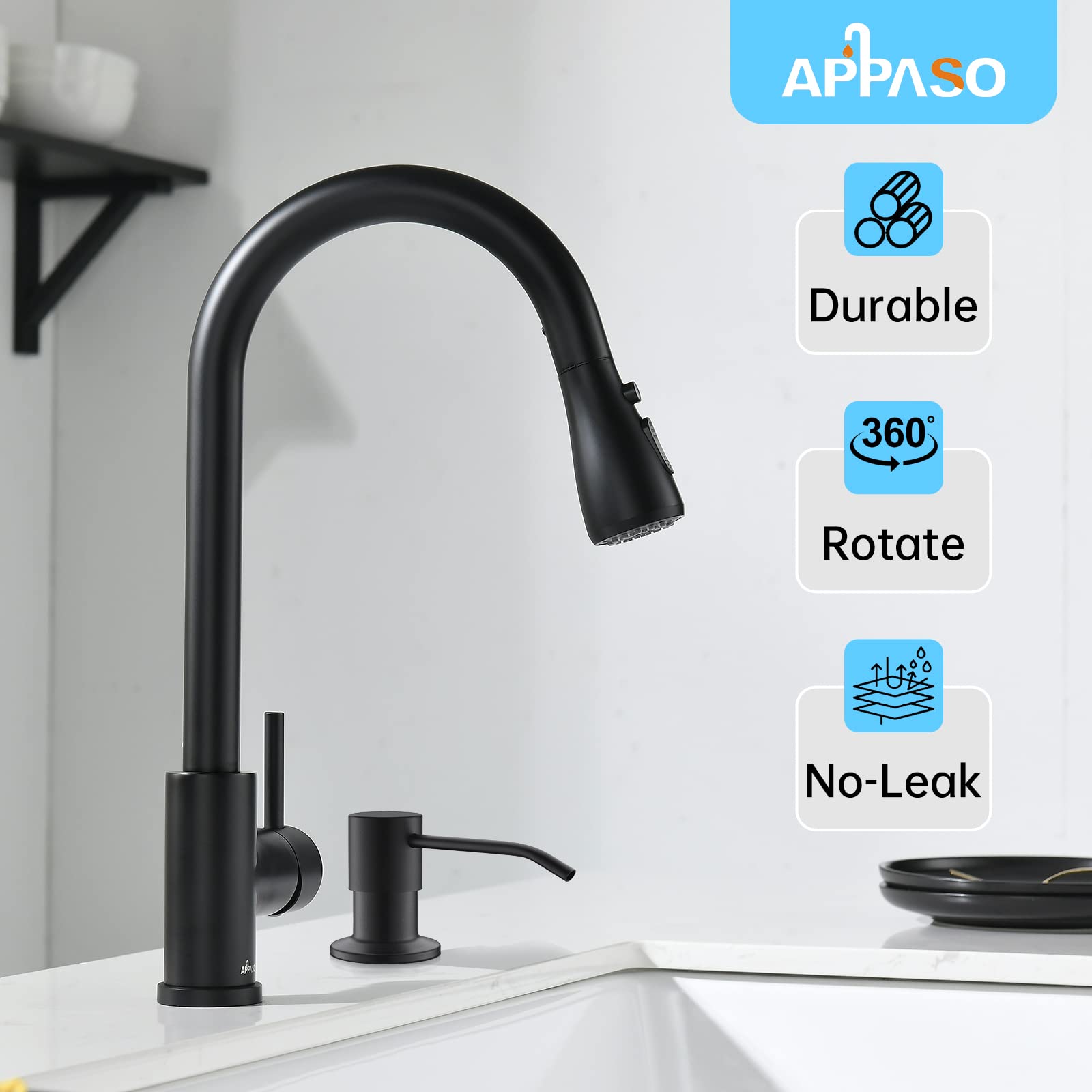 APPASO Black Kitchen Faucet with Soap Dispenser, Modern RV Kitchen Sink Faucet with Pull Down Sprayer 3 Modes, Solid Stainless Steel Faucet Kitchen Matte Black for Bar Sink, High Arc & Single Handle