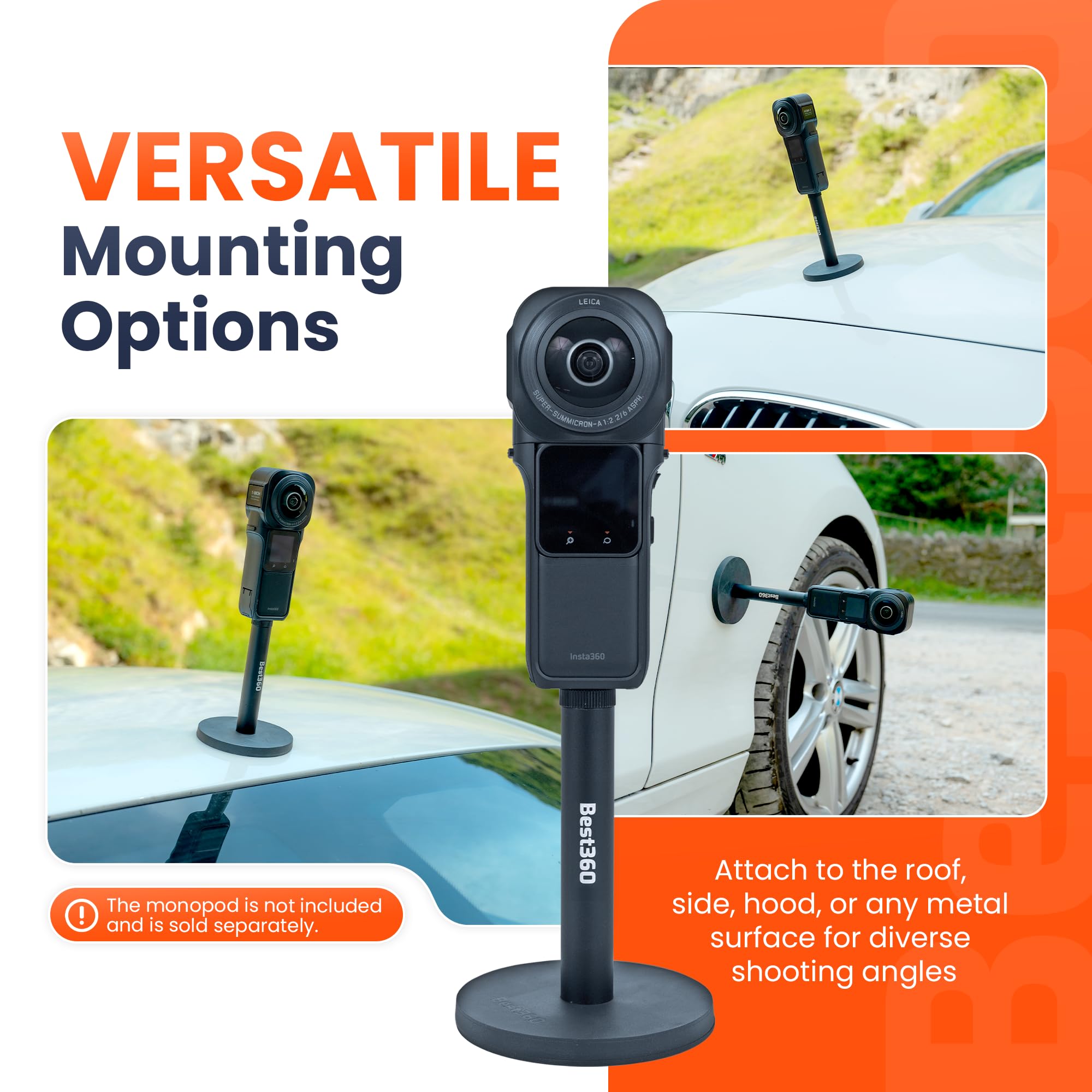 Best360 Black Rubber Coated 88MM Circular Magnetic Camera Mount and 10CM Aluminium Spacer, Compatible with Insta360 X4/X3/ONE X2/ONE RS/ONE RS-1 INCH/GoPro/AcePro, Car 360 Action Camera Mount