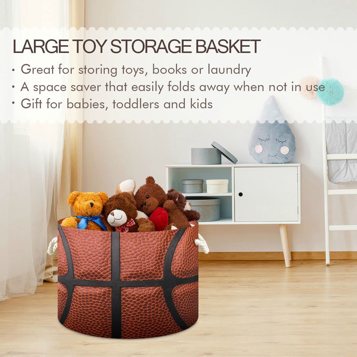 ALAZA Basketball Ball Texture Liner Storage Box Toy Basket Laundry Storage Organizer Bins with Handles Large Baskets for Living Room Nursery Decor