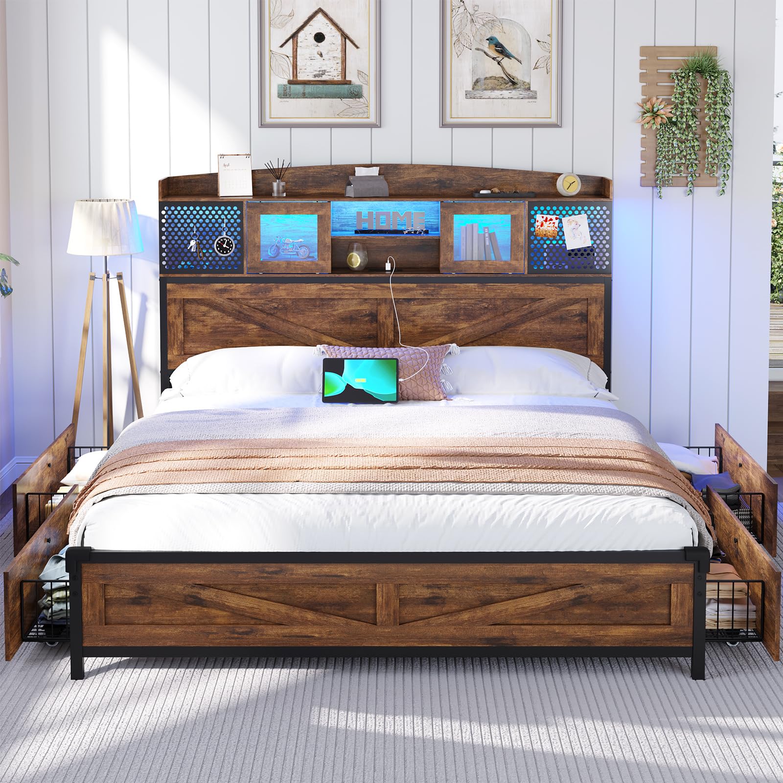BTHFST King Size Bed Frame with Charging Station, LED Bed Frame King Size with Shelf Headboard, Farmhouse King Platform Bed Frame with Sliding Doors & Metal Slats Support, Noise-Free, Rustic Brown