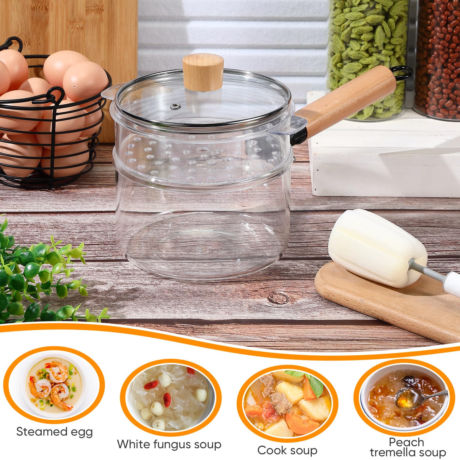 Baderke Small Glass Pot for Cooking with Steamer Lid Brush Spoon Set Glass Cooking Pan for Pasta, Soup, Vegetable, Gravies, Vegetable and More(Style 1)