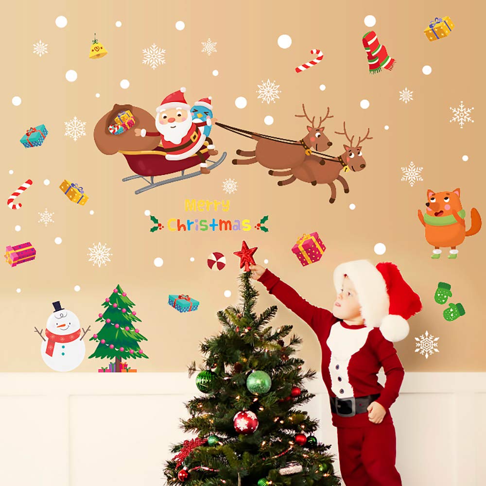 ANBER Christmas Tree Snowman Santa Claus Snowflake Sticker Peel &Stick Decals Removable Vinyl Wall Decals Window Xmas Self-Adhesive Holiday Home Decoration