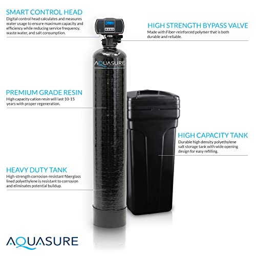 Aquasure Harmony Series 64,000 Grains Whole House Water Softener Bundle with Automatic Digital Metered Control Head and Triple Purpose Sediment/GAC/Zinc Pre-Filters, Reduces Hardness (4-6 bathrooms)