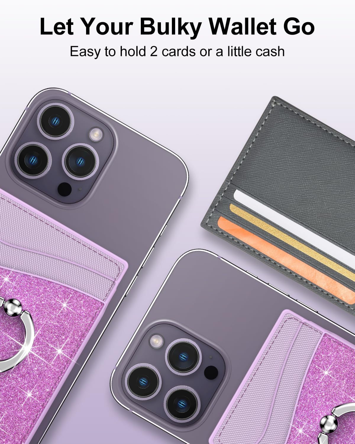 Anfauny MagSafe Phone Wallet - Leather Magnetic Cell Phone Wallet Card Holder with 360°Rotation Ring Phone Stand & RFID Blocking Compatible with iPhone 15/14/13/12 Series & MagSafe Cases - Purple