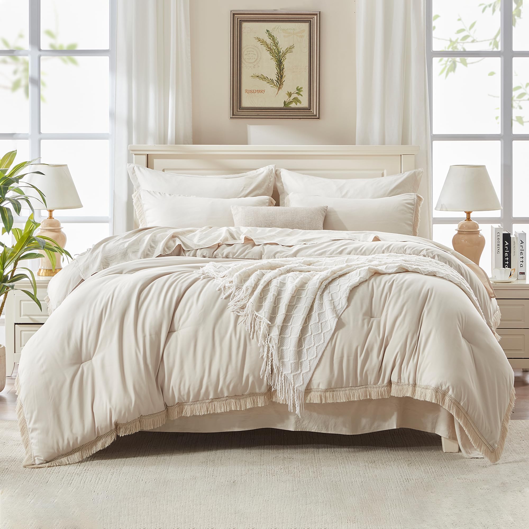 Andency Queen Comforter Set with Sheets Beige -7 Pieces Boho Tassel Bed in a Bag Soft Lightweight Bedding Sets, All Season Fringe Bed Set with Comforter, Sheets, Pillowcases & Shams