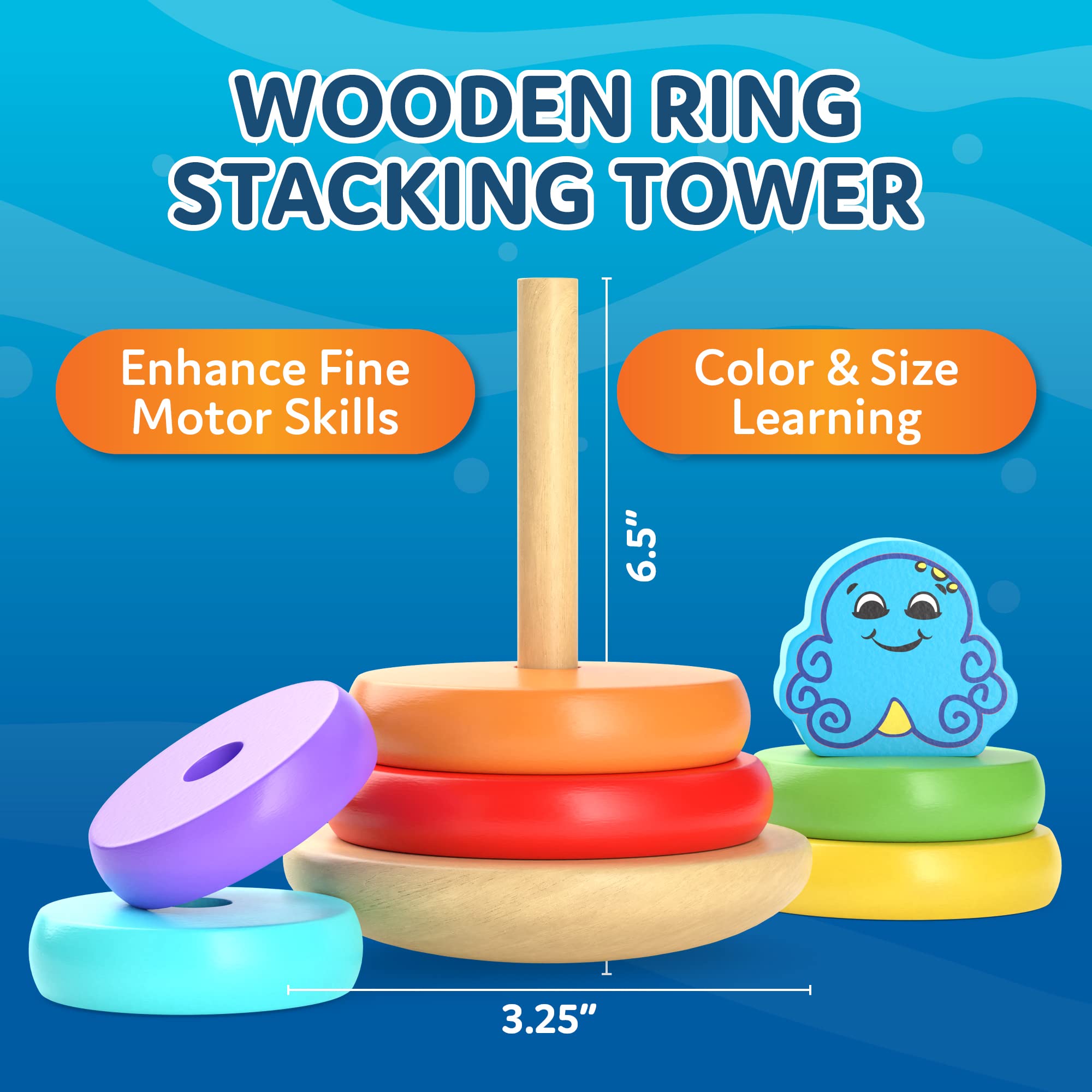 CoolToys Stack n’ Sort Toddler and Baby Learning Toys Set - 3 Fine Motor Skills Educational Toys for Toddlers, Wooden Stacking Rings, Stacking & Nesting Cups, Wooden Baby Puzzle, Ocean Theme