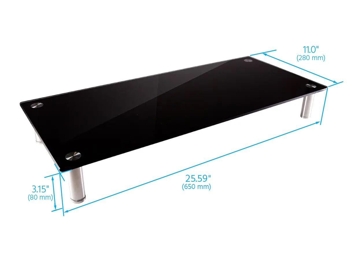 Monoprice Medium Multimedia Desktop Stand, Black Glass (27.6" x 12.2" x 3") - Stand & Riser, Laptop Stand, Desktop TV Stand, Dual Monitors w/ Height Adjustable Legs - Workstream Collection (116360), 25.6" x 11.0"