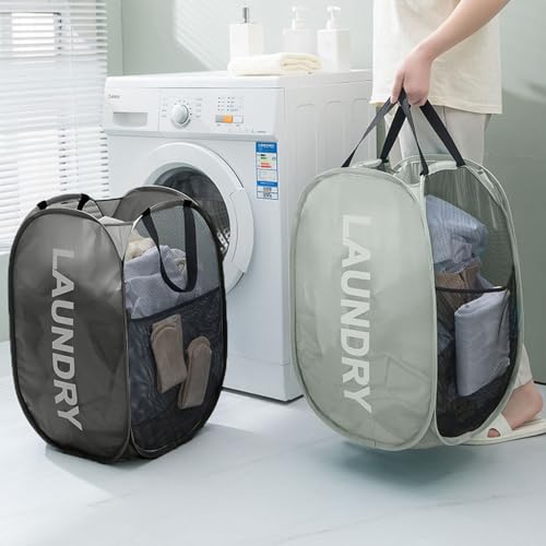 Buenod Mesh Laundry Hampers, Collapsible Laundry Baskets Pop Up Storage Bin, 2 Pack Clothes Hampers with Side Pocket for Home, College Dorm, Apartment (Black + Gray)