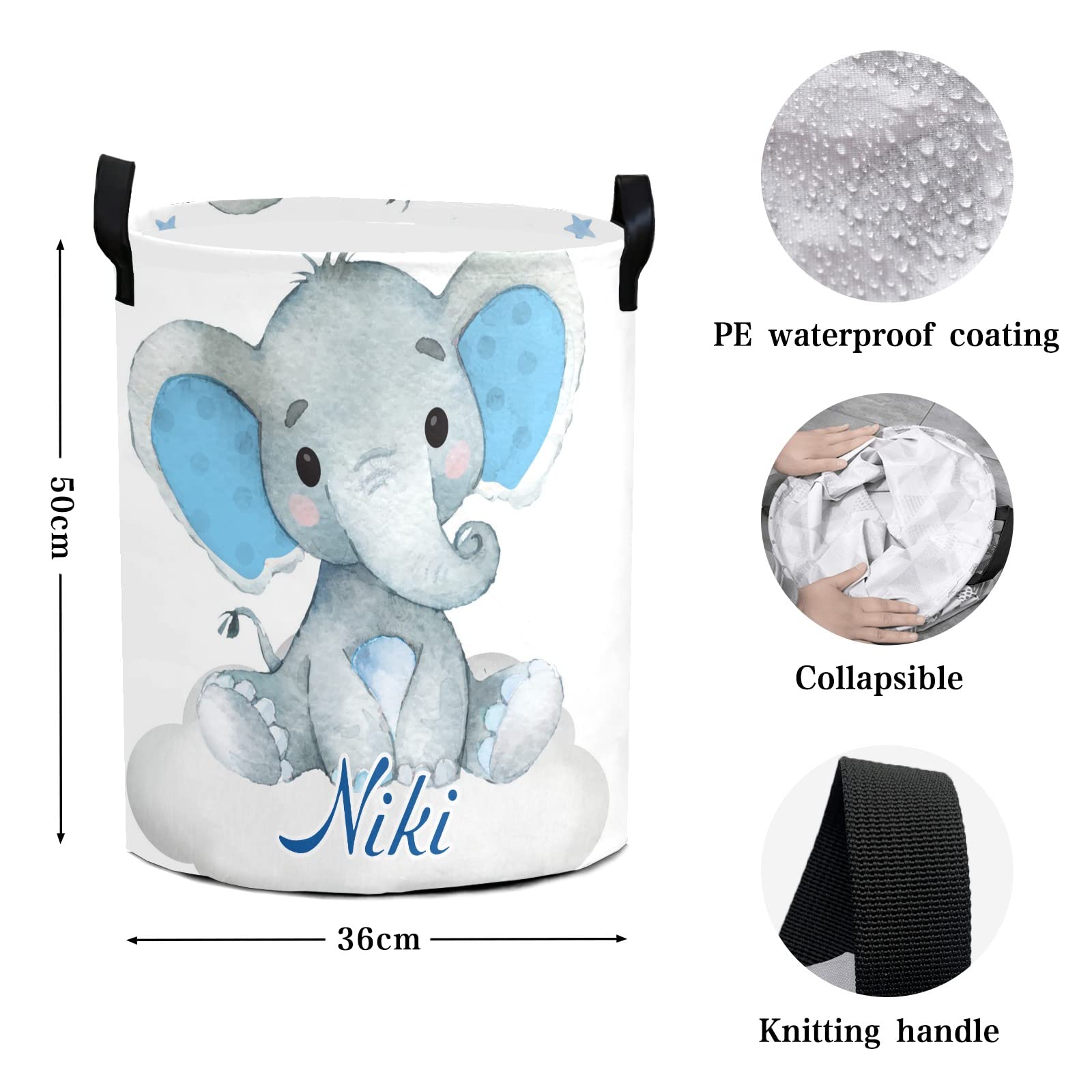 BigBigift Baby Elephant Blue Stras Laundry Hamper Personalized with Name Canvas Waterproof Storage Bin with Handle for Kids Nursery Hamper Gift Baskets Home Organizer, 19.6x14 inch (HxD)
