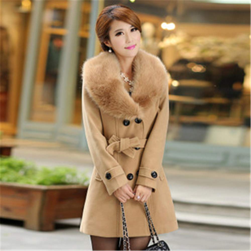 Andongnywell Women's Fashion Faux Fur Lapel Double-Breasted Thick Wool Trench Coat Jacket Double Breasted Woolen Coats (Red,Medium)