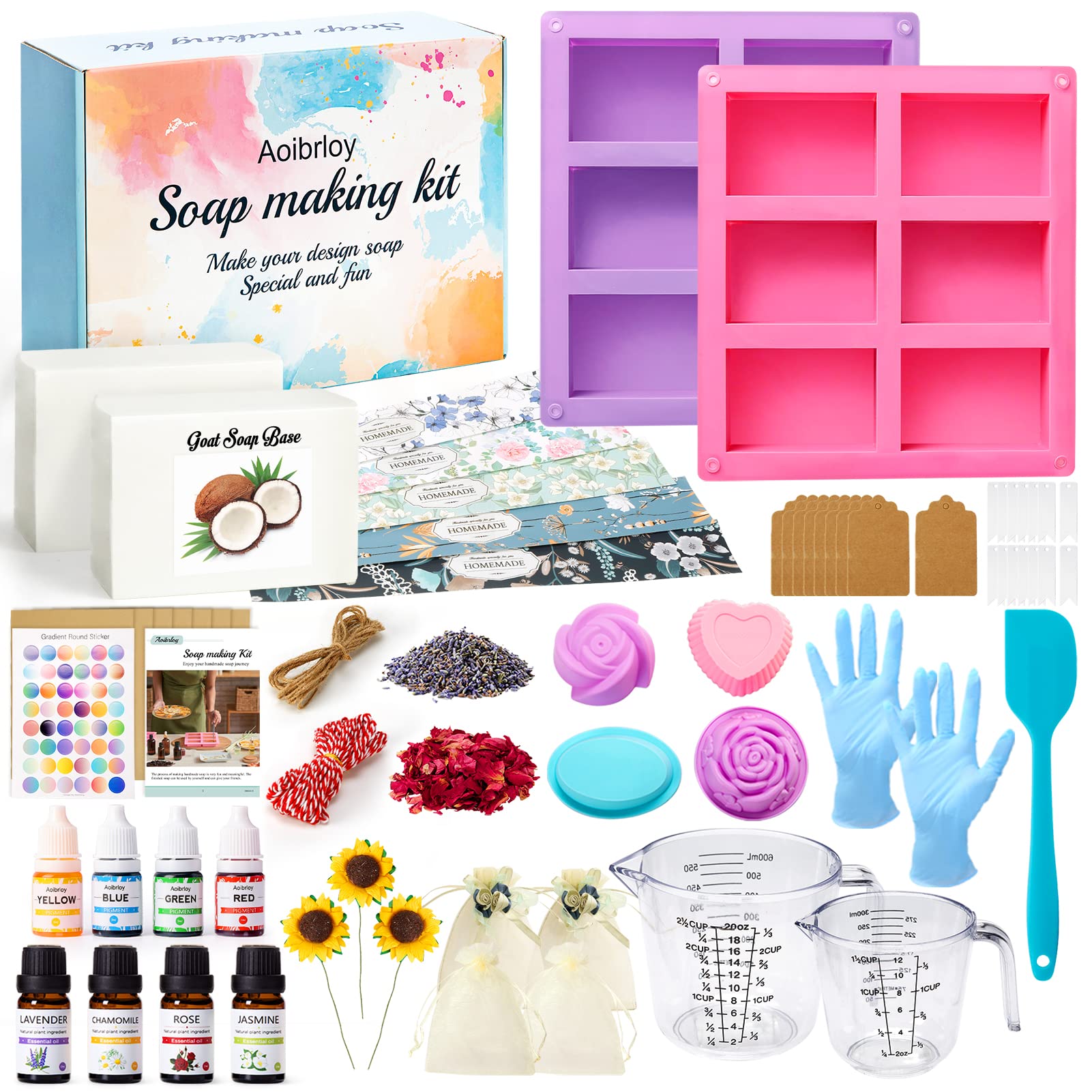 Aoibrloy Soap Making Kits for Adults Beginner with Instructions, Natural DIY Soap Kits with 2lbs. Shea Butter Soap Base, 5 Silicone Soap Mold, Dried Flowers, 4 Essential Oil, 4 Colors, 15 Labels