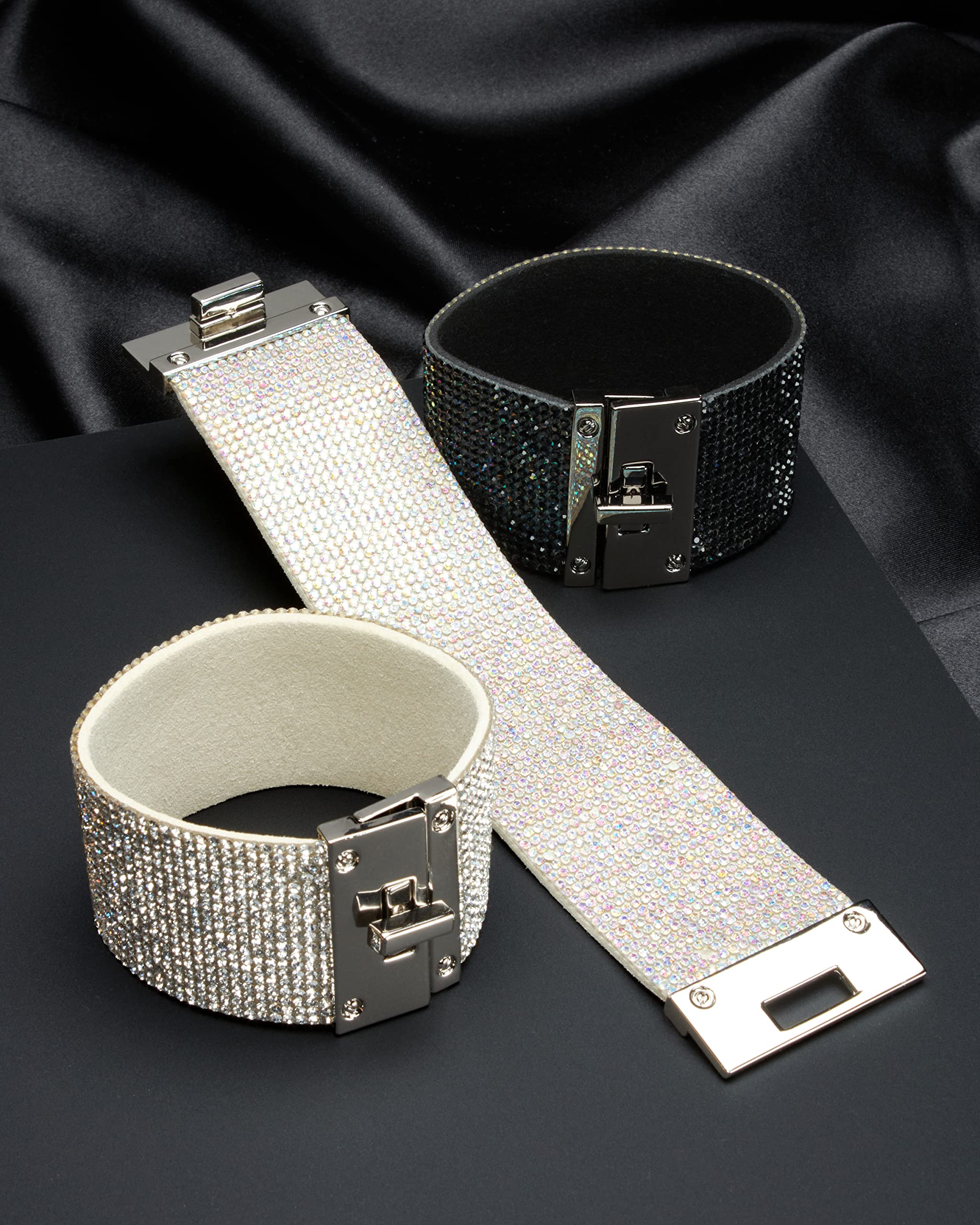 Badgley Mischka Women's Bracelet - Crystal Studded Leatherette Box Clasp Bangle Cuff Wrap Wristband, Hematite