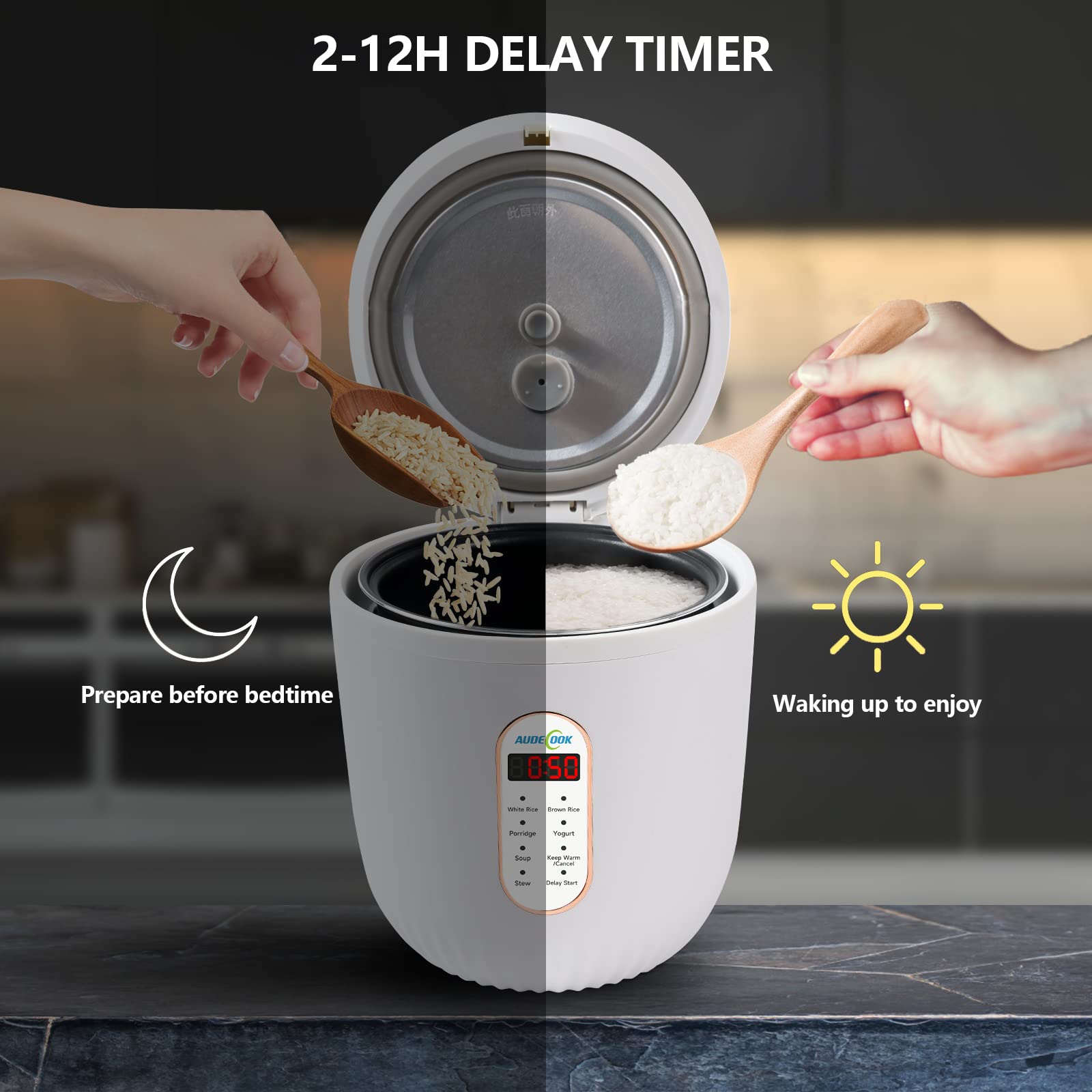 Audecook Mini Rice Cooker, 4 Cups (Uncooked) 2L Portable Small Rice Cooker with Removable Non-Stick Inner Pot, 6 in 1 Smart Control Multifunctional Cooker, Delay Timer & Keep Warm Function (White)