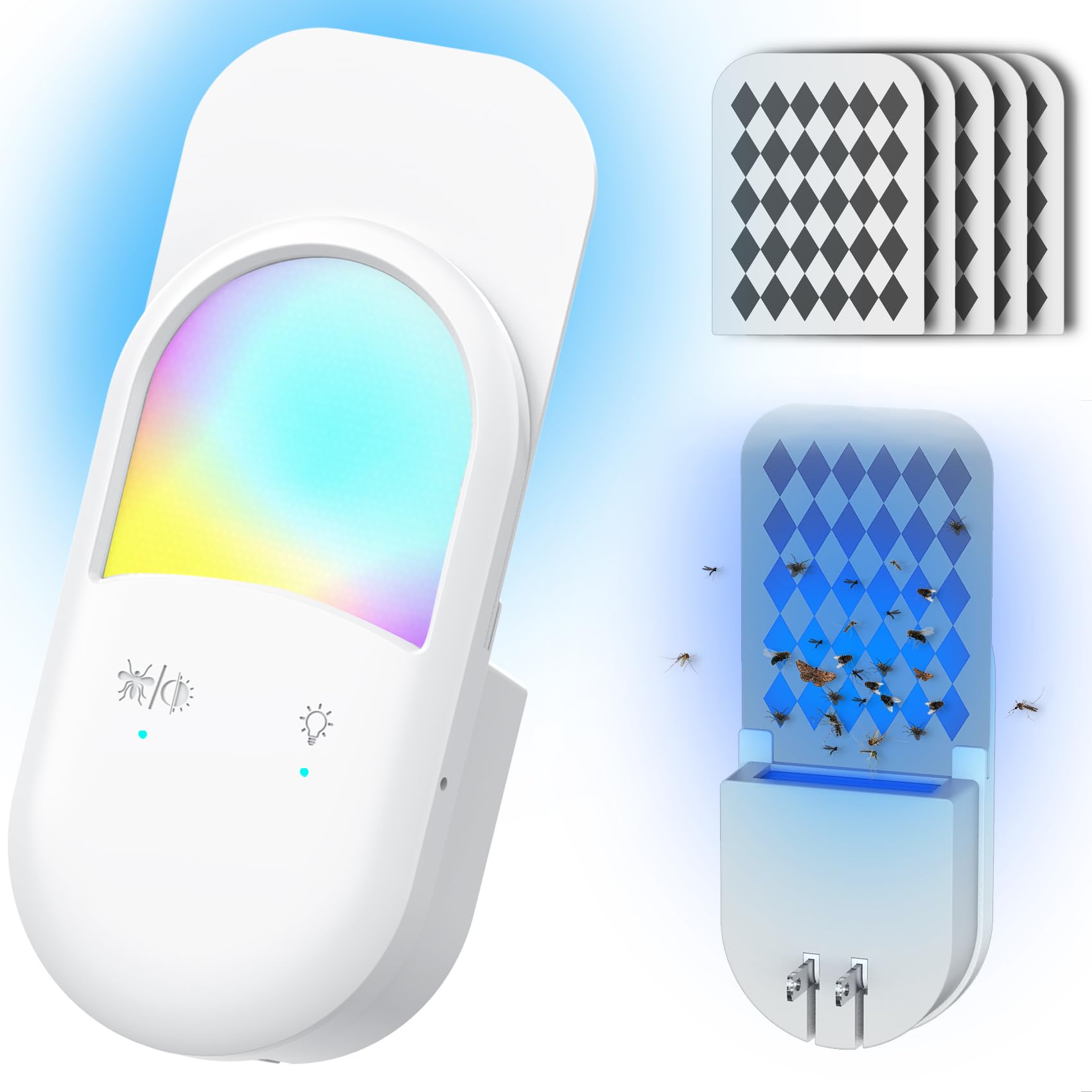 BUGXX Indoor Flying Insect Trap Plug-in Mosquito Killer,Flies, Fruit Flies, Moths, Gnats,Catcher Fly Tapper UV Attractant Bugs Light with Colorful Night Light Mode for Home(White-1PACK)