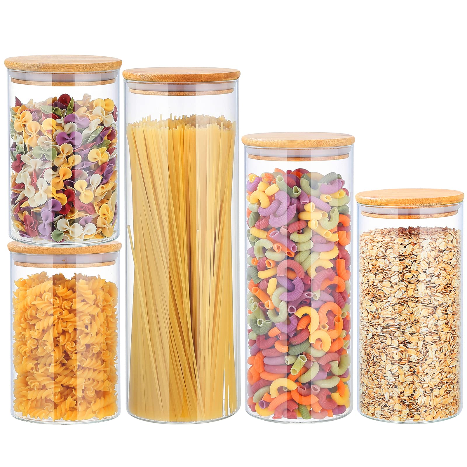 ABUVOV 5PCS Glass Storage Jars with Airtight Bamboo Lid Food Storage Containers Stackable Kitchen Cylinder Canisters for Candy, Cookie, Sugar, Flour, Pasta, Nuts and Spice Sealing and Preserving