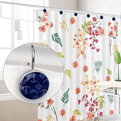 Anchor Pattern Shower Curtain Decorative Hooks Rings, Crystal GlassStainless Steel Round Shower Curtain Rings and Hooks for Bathroom Shower Rods Curtains 12 pcs