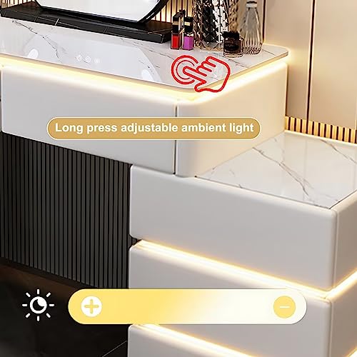 Attega Vanity Set, Makeup Vanity Desk with 6 Drawers and Ambient Light, Solid Wood Frame Vanity Set includes Smart Makeup Mirror and Chair, for Bedroom (47.24", White)