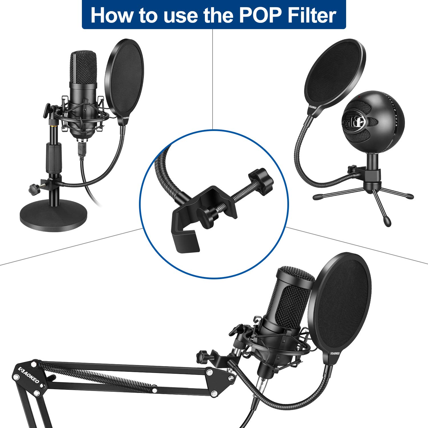Aokeo Professional Microphone MINI Pop Filter Mask Shield For Blue Yeti and Any Other Microphone, Dual Layered Wind Pop Screen With A Flexible 360° Gooseneck Clip Stabilizing Arm …