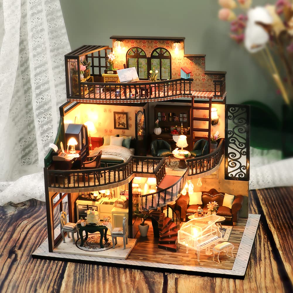 Fsolis Mini House Kit, DIY Miniature Dollhouse Kit 3D Wooden Puzzle Model Building Project Tiny Modern House 2 Stories Hobbies for Men Women Teens Adult