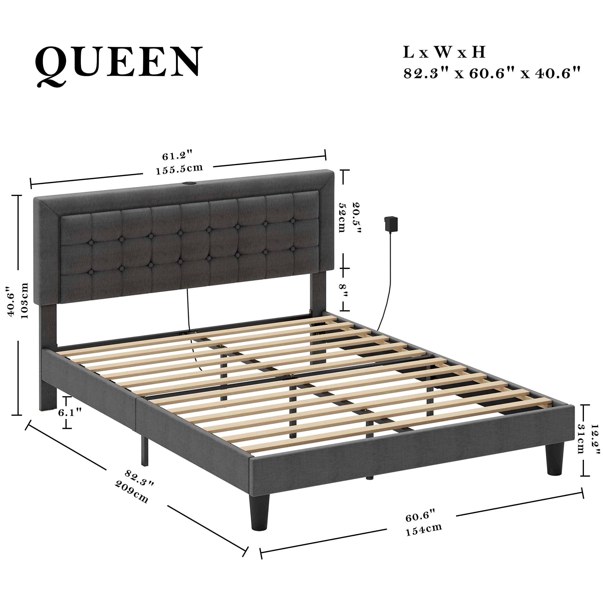 ANCTOR Queen Bed Frame with USB Ports, Platform Bed with Height Adjustable Upholstered Headboard, Heavy Duty Steel Support Legs, Easy Assembly, Grey