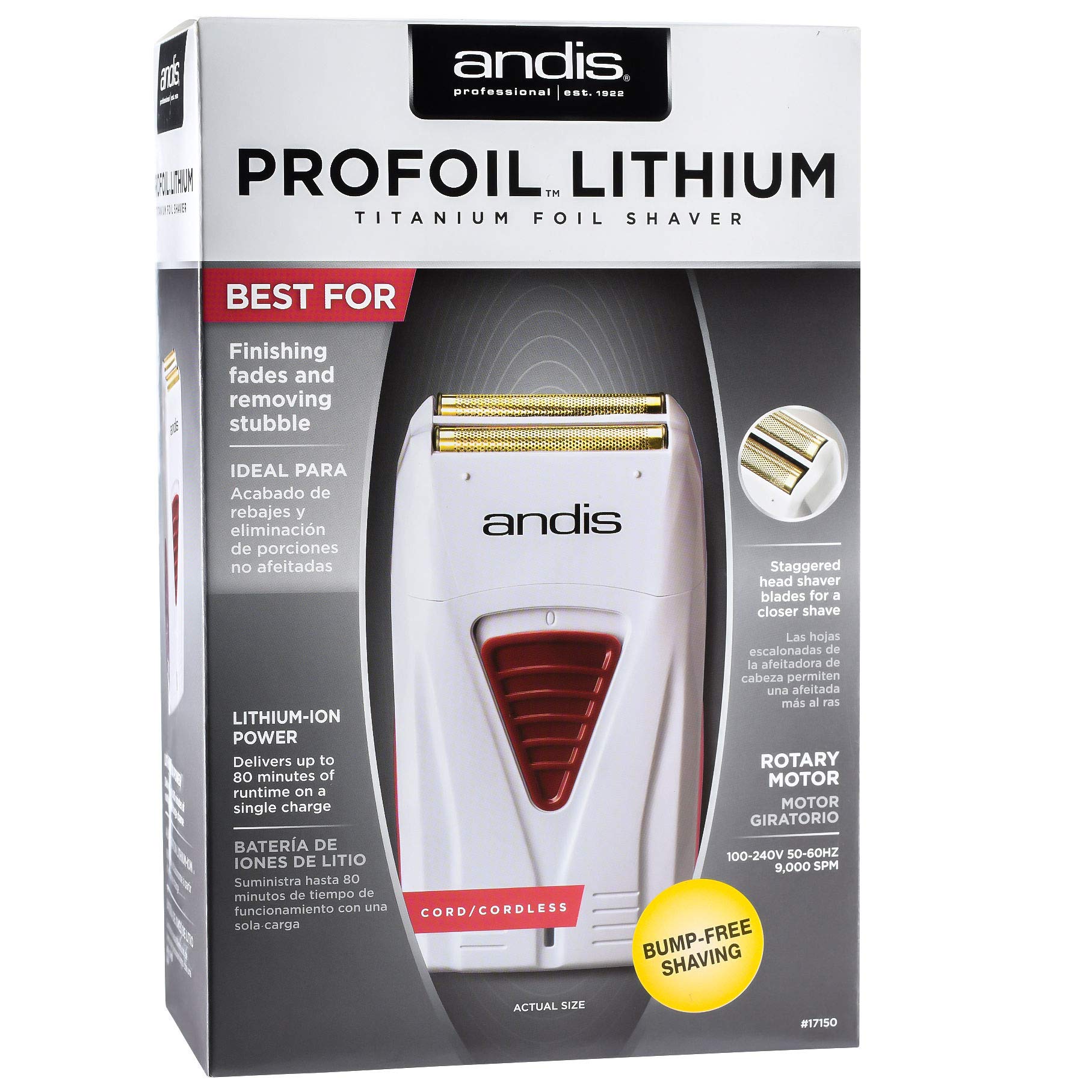 Andis 17150 Pro Foil Lithium Titanium Shaver, Cord-Cordless (Grey) - Bundled with KEPSE Neck Duster