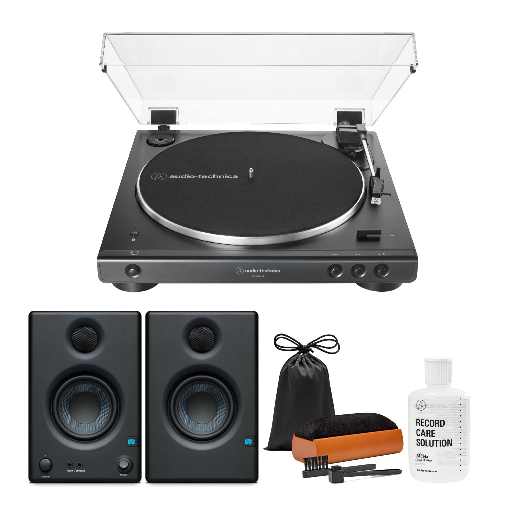Audio-Technica AT-LP60XBT Bluetooth Fully Automatic Stereo Turntable Bundle with PreSonus Eris 3.5BT Bluetooth Monitors and Cleaning Kit (4 Items)